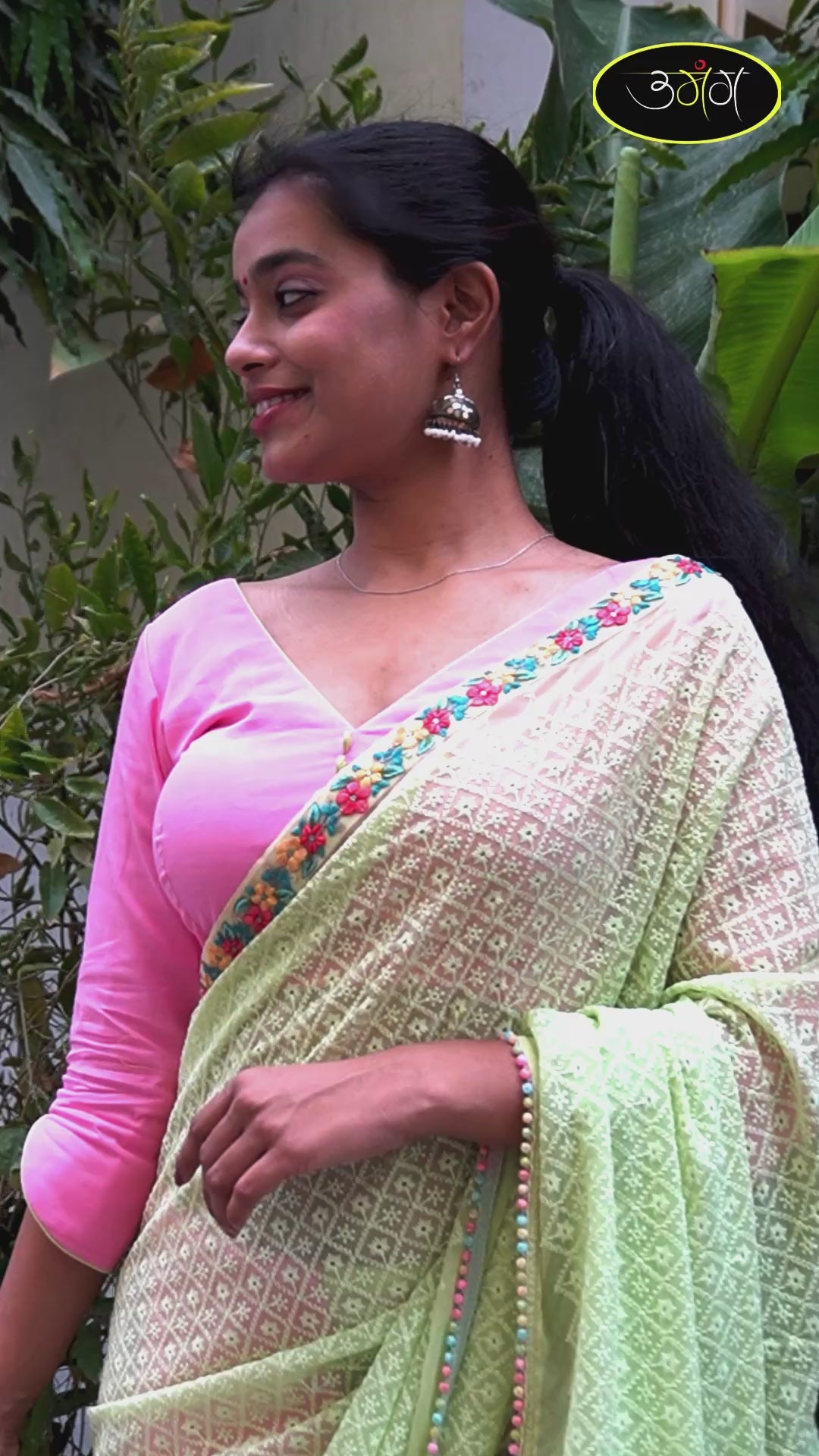 Green chicken saree with pink blouse – Umang